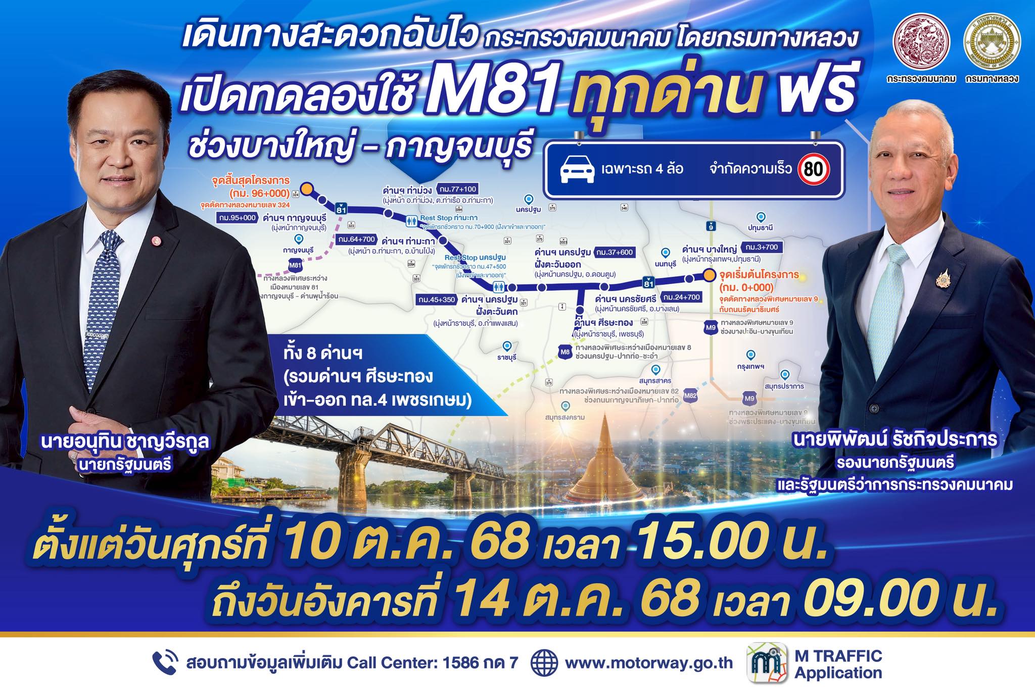 ข่าวดี! วิ่งทางด่วนฟรี มอเตอร์เวย์ M81 บางใหญ่-กาญจนบุรี 10-14 ต.ค. นี้